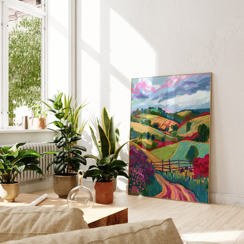 Abstract Countryside Painting, Colorful Scenery Wall Art, Plants ...