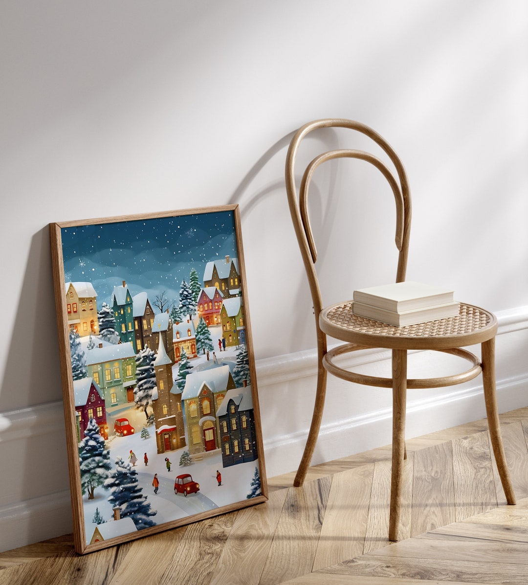 Winter Village Art Print, Christmas Scene Digital Print, Snowy ...
