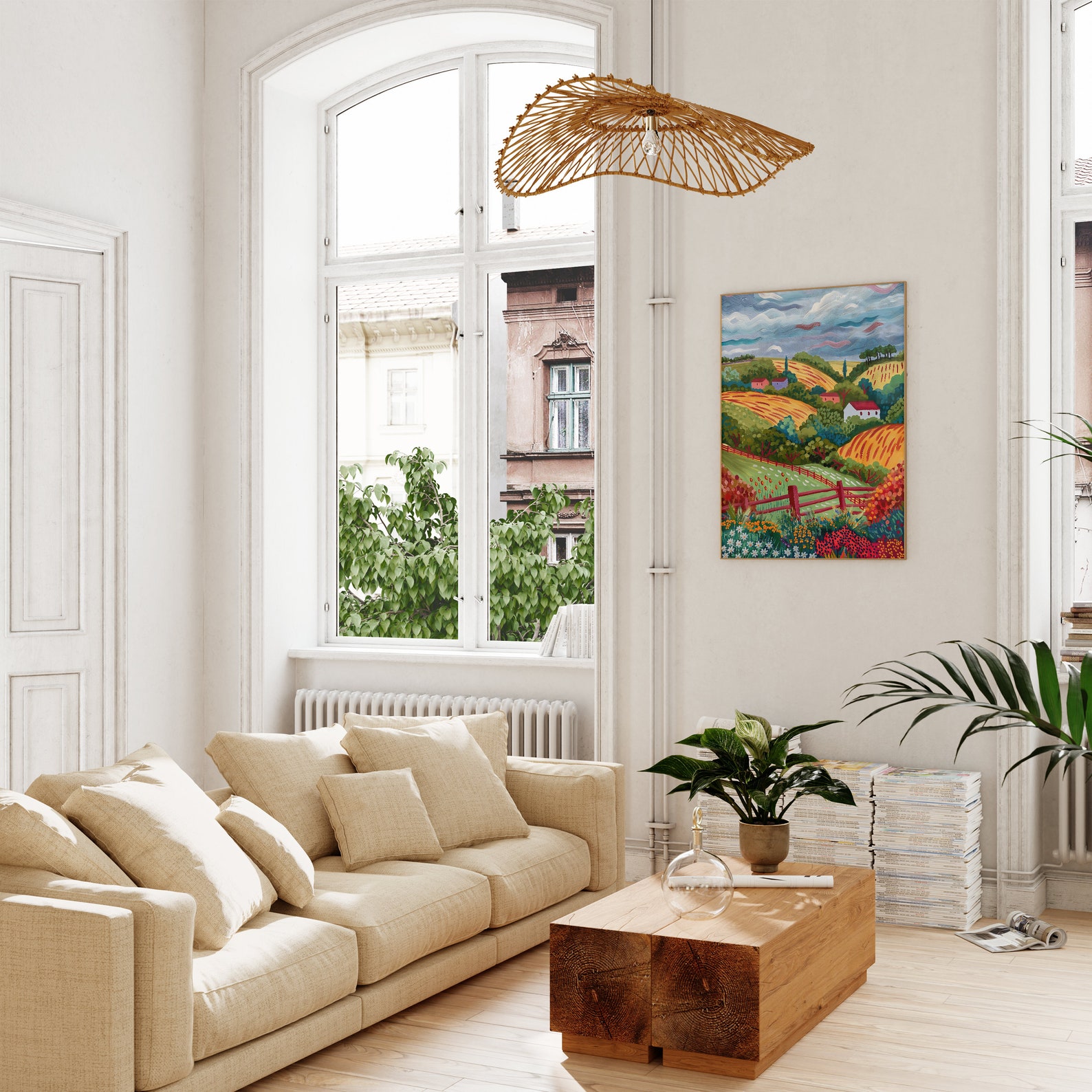 Small Town Painting, Plants Flowers Botanical Decor, Colorful Landscape ...