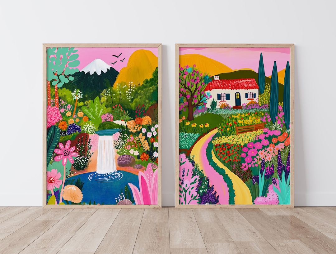Cottagecore Nature Art Prints: Waterfall & Garden Scenery (digital ...