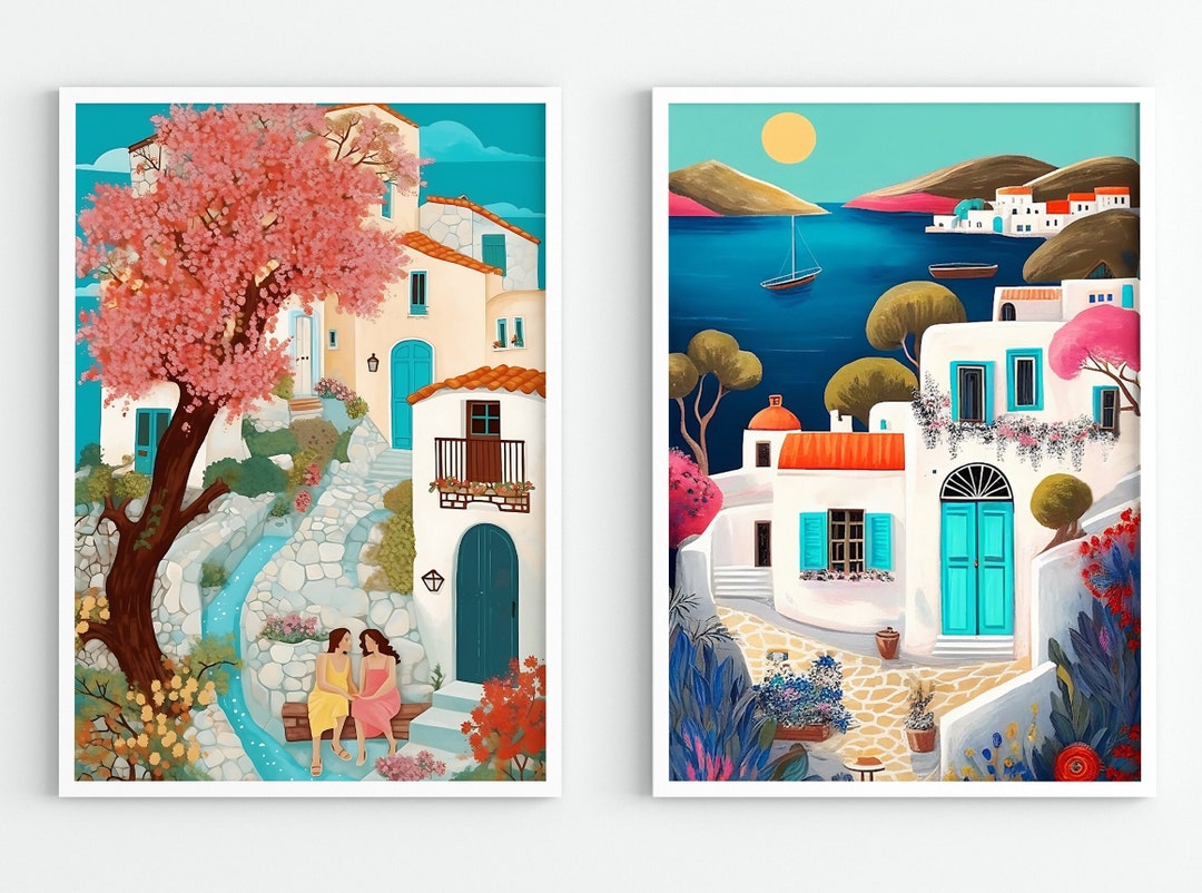 Greek Cottage Art Print Set: Colorful Travel Posters (digital Download ...
