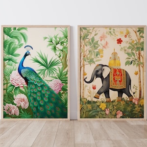 Indian Tropical Wall Art Set of 2, Indian Palace Elephant, Peacock ...