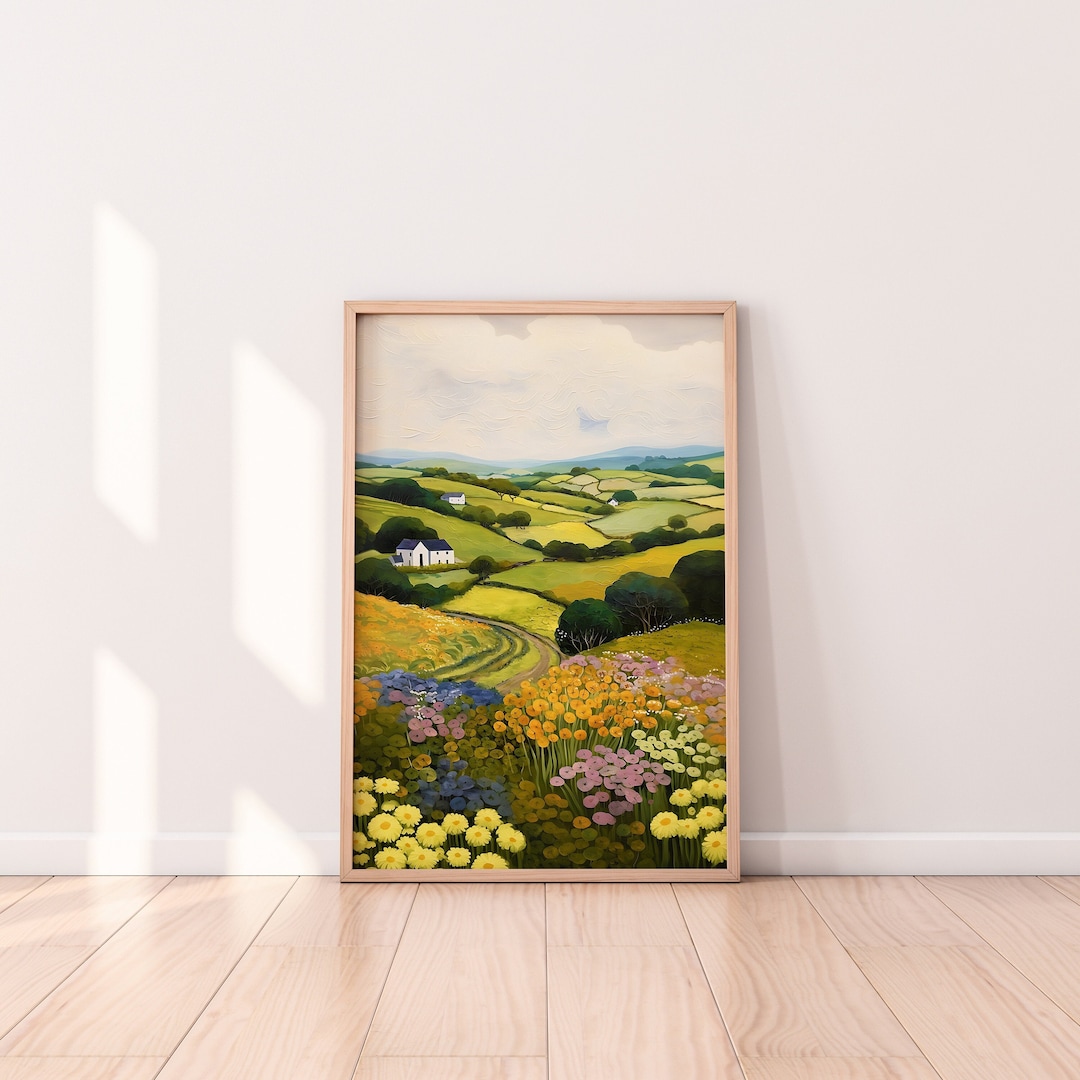 English Countryside Painting, Travel Illustration, Rustic Meadow ...