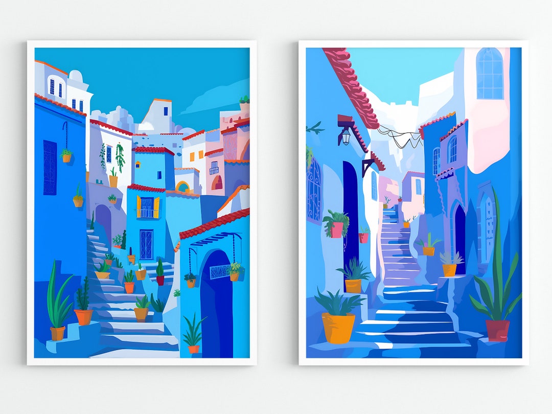 Blue City Illustration Set of 2, Morocco Travel Print, Home Decor, Art ...