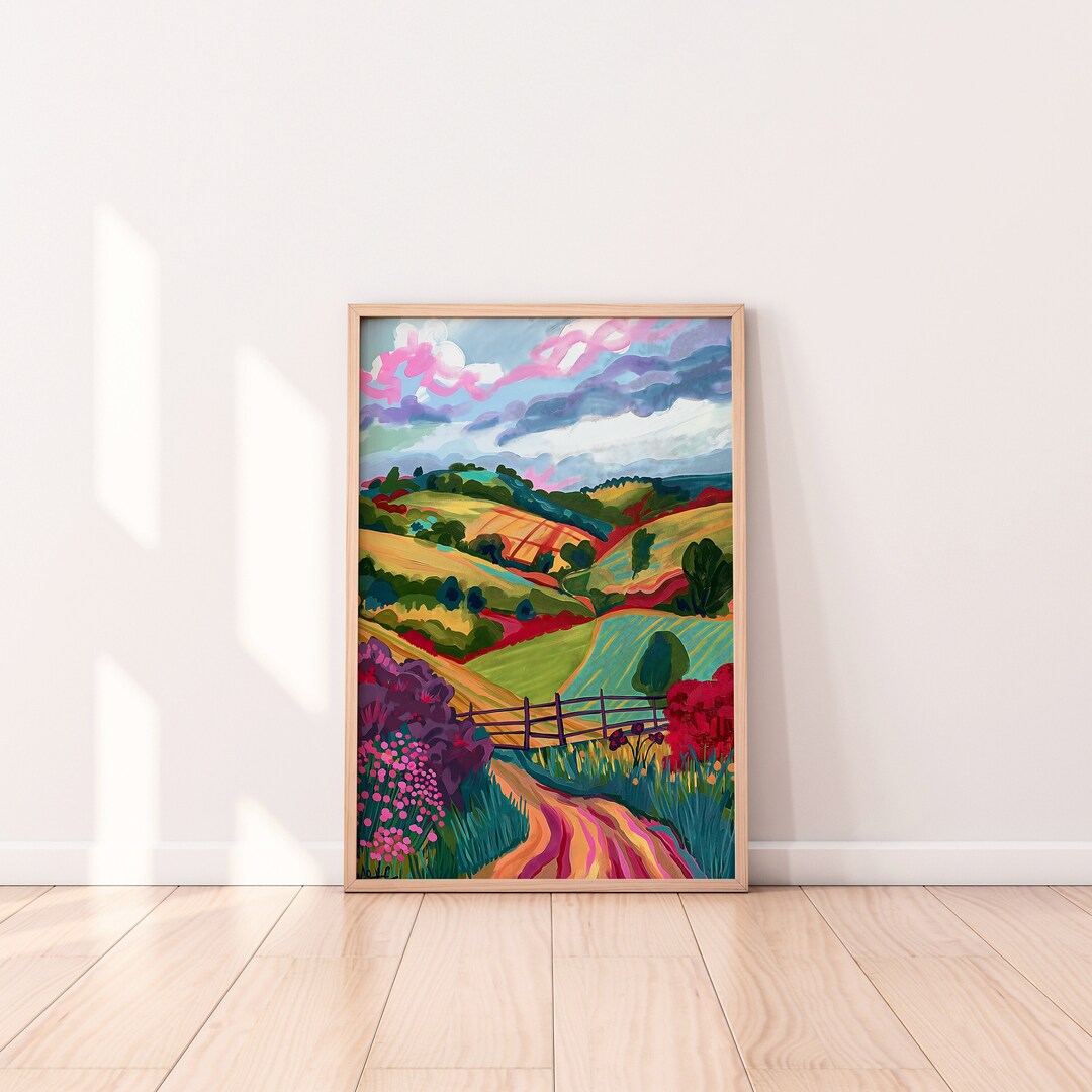 Abstract Countryside Painting, Colorful Scenery Wall Art, Plants ...