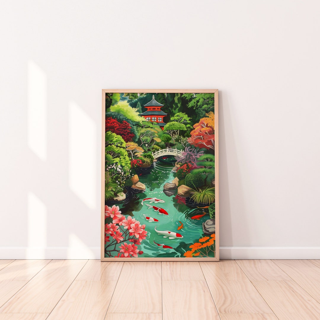 Koi Fish Pond Illustration, Colorful Japanese Garden, Digital Printable ...