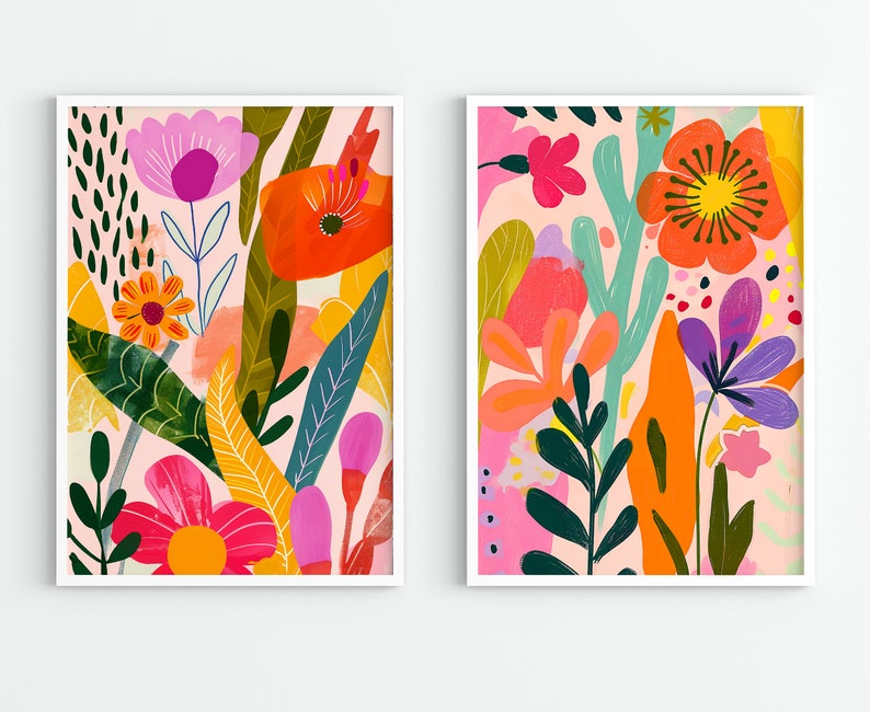 Botanical Floral Wall Art Set: Colorful Abstract Prints (digital ...