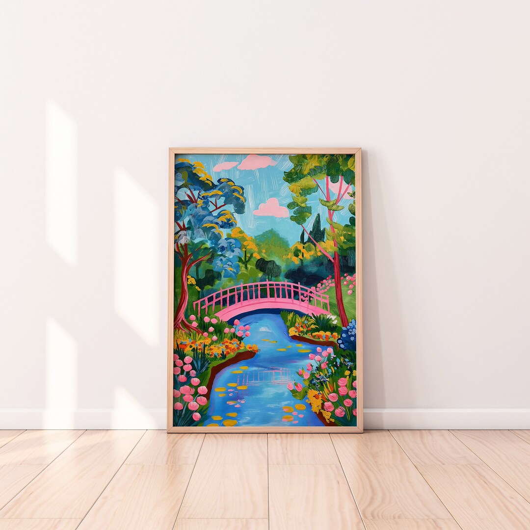 Pink Bridge in the Forest, Printable Wall Art, Colorful Wall Art ...