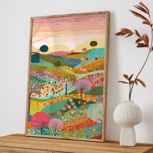 Patchwork Meadow Mountains Floral Botanical Art Print, Daisy Wild Flower Rainbow, Abstract Wall ...