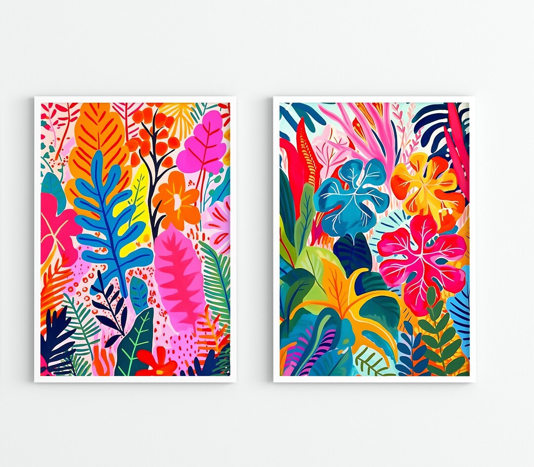 Tropical Floral Print Set: Colorful Botanical Wall Art (digital ...