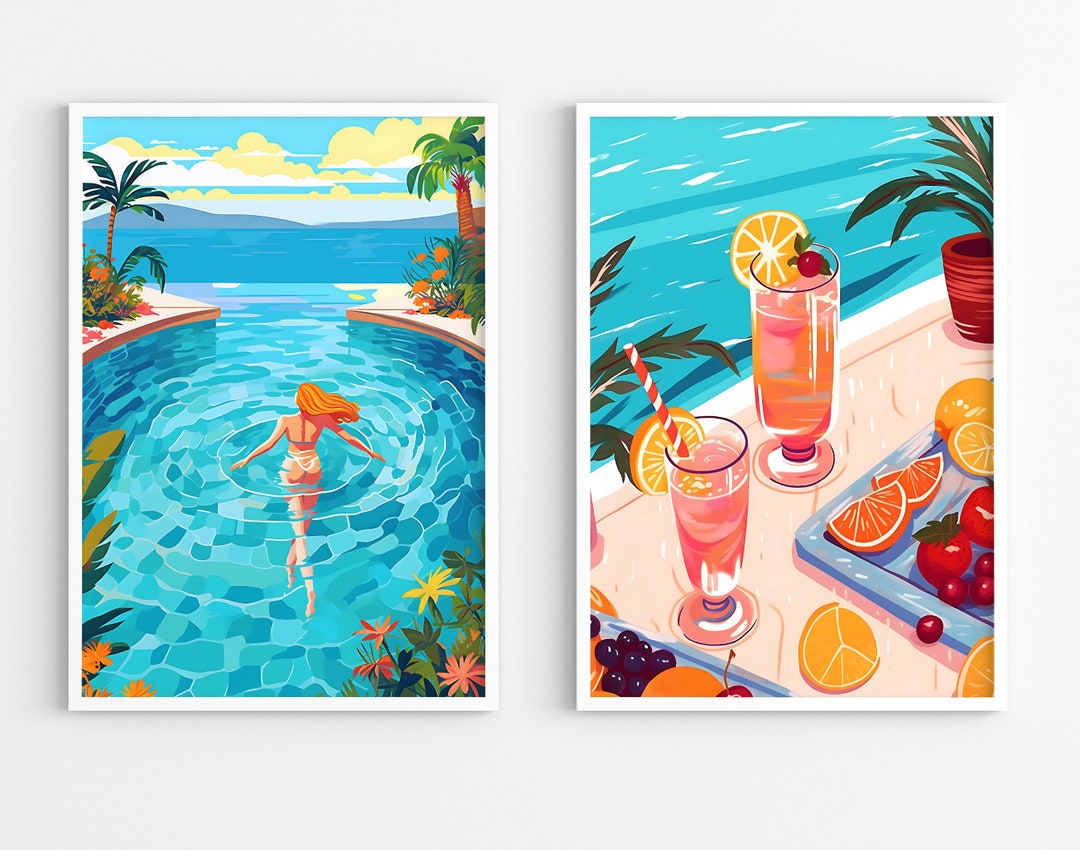 Poolside Art Print Set: Summer Cocktails, Greece Wall Art (digital ...
