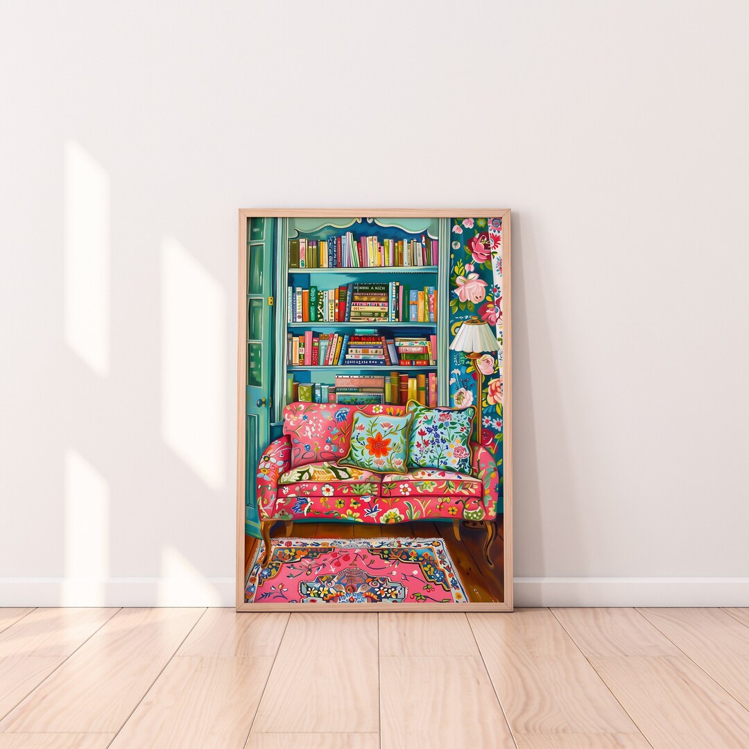 Cosy Bookshelf Illustration, Book Art, Home Office Bookworm Library ...