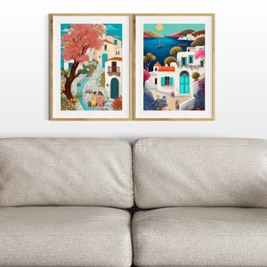Greek Cottage Art Print Set: Colorful Travel Posters (digital Download ...