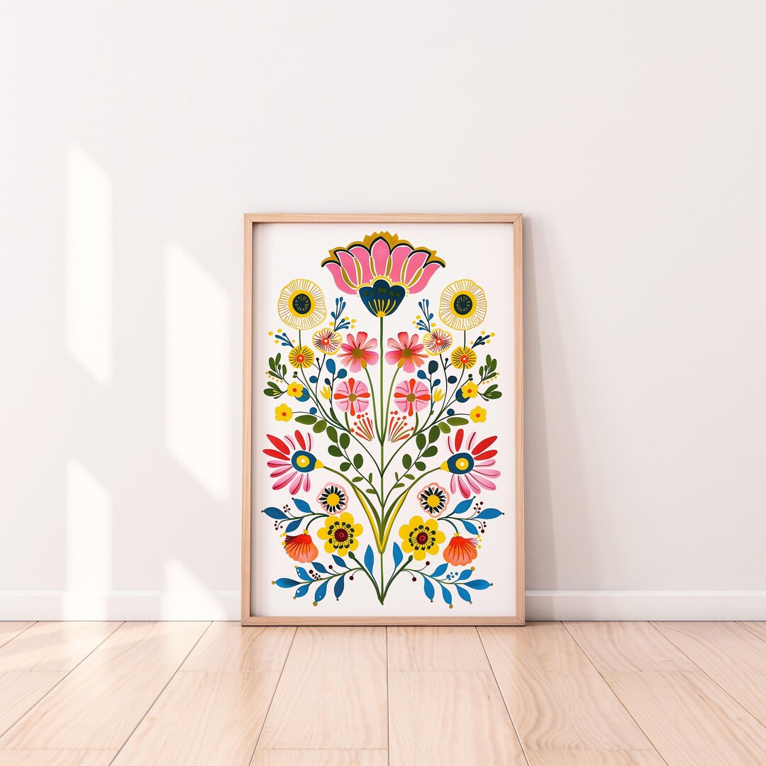 Colorful Scandinavian Folk Art Flower Wall Art, Nordic Prints, Bedroom ...