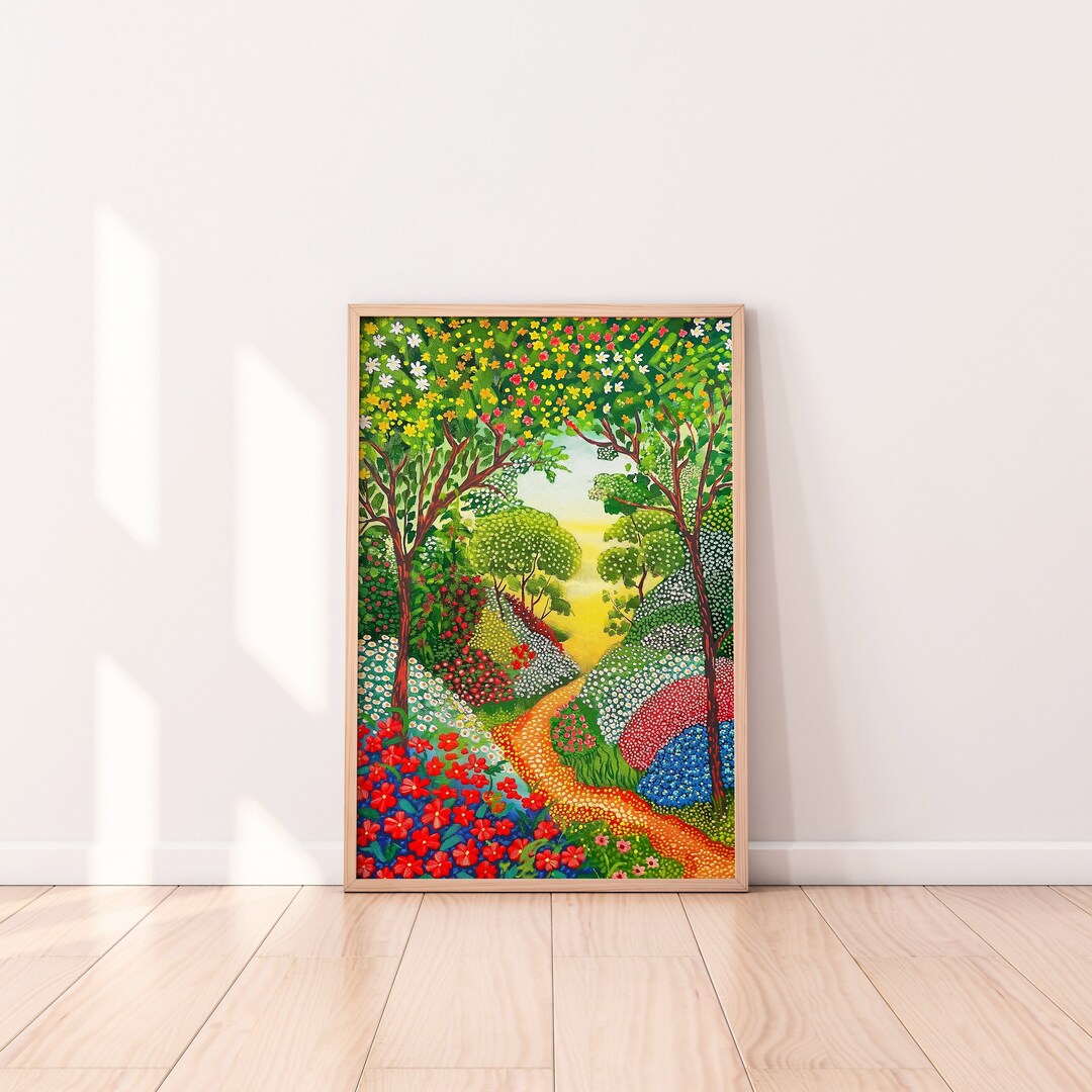 Colorful Forest Path Illustration, Colorful Scenery Wall Art, Floral ...