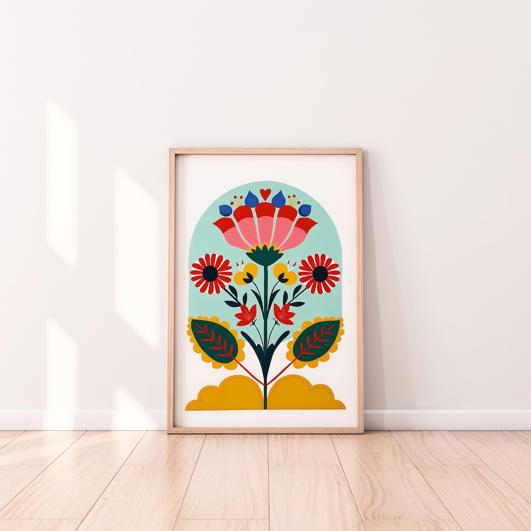 Scandinavian Floral Art Print: Colorful Nordic Folk Art (digital ...