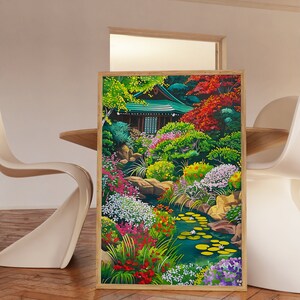 Spring in Japanese Garden, Illustration, Colorful Wall Art, Printable ...
