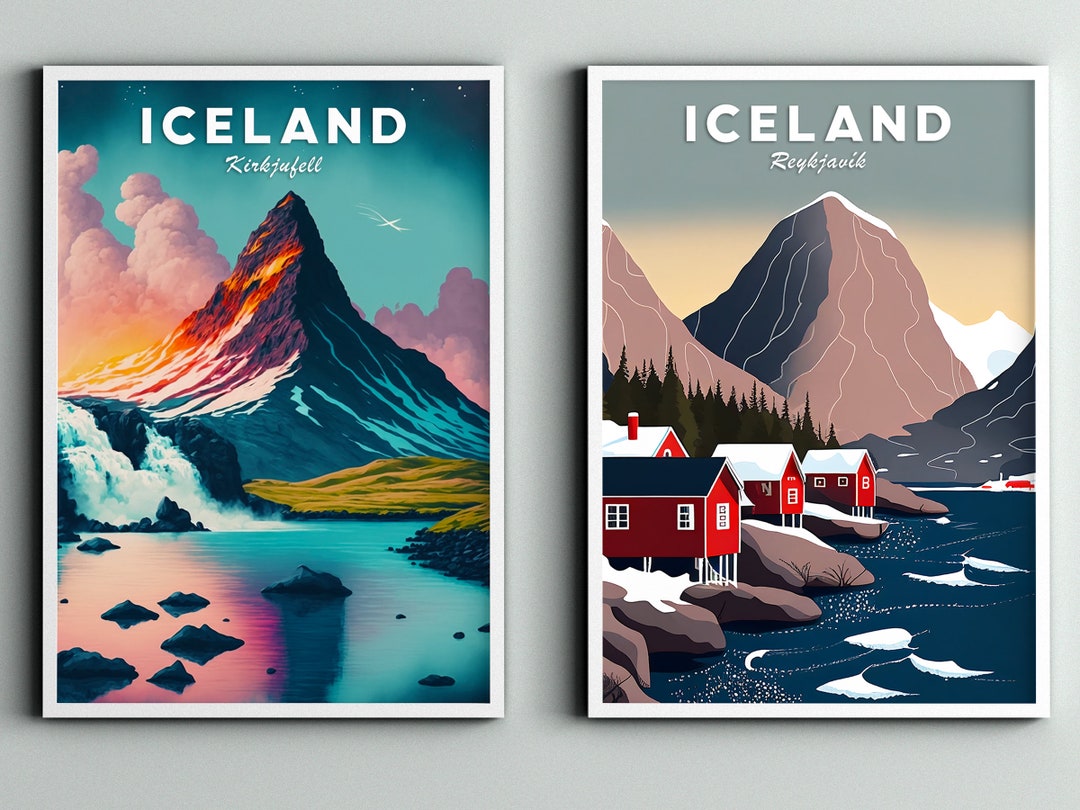Iceland Illustration Set of 2, Reykjavík Print, Kirkjufell Mountain ...