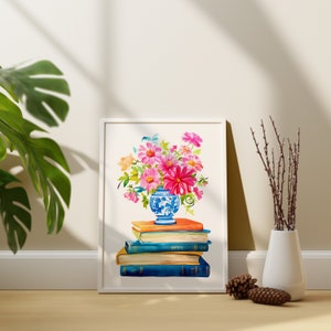 Bouquet on Stack of Books Print, Watercolor Pink Flowers, Home Office ...