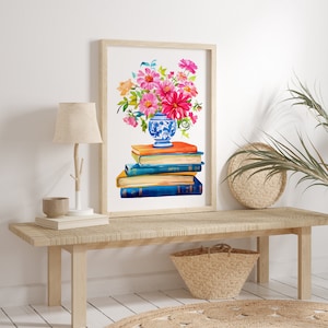 Bouquet on Stack of Books Print, Watercolor Pink Flowers, Home Office ...