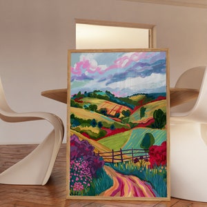 Abstract Countryside Painting, Colorful Scenery Wall Art, Plants ...