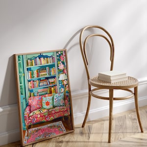 Cosy Bookshelf Illustration, Book Art, Home Office Bookworm Library ...