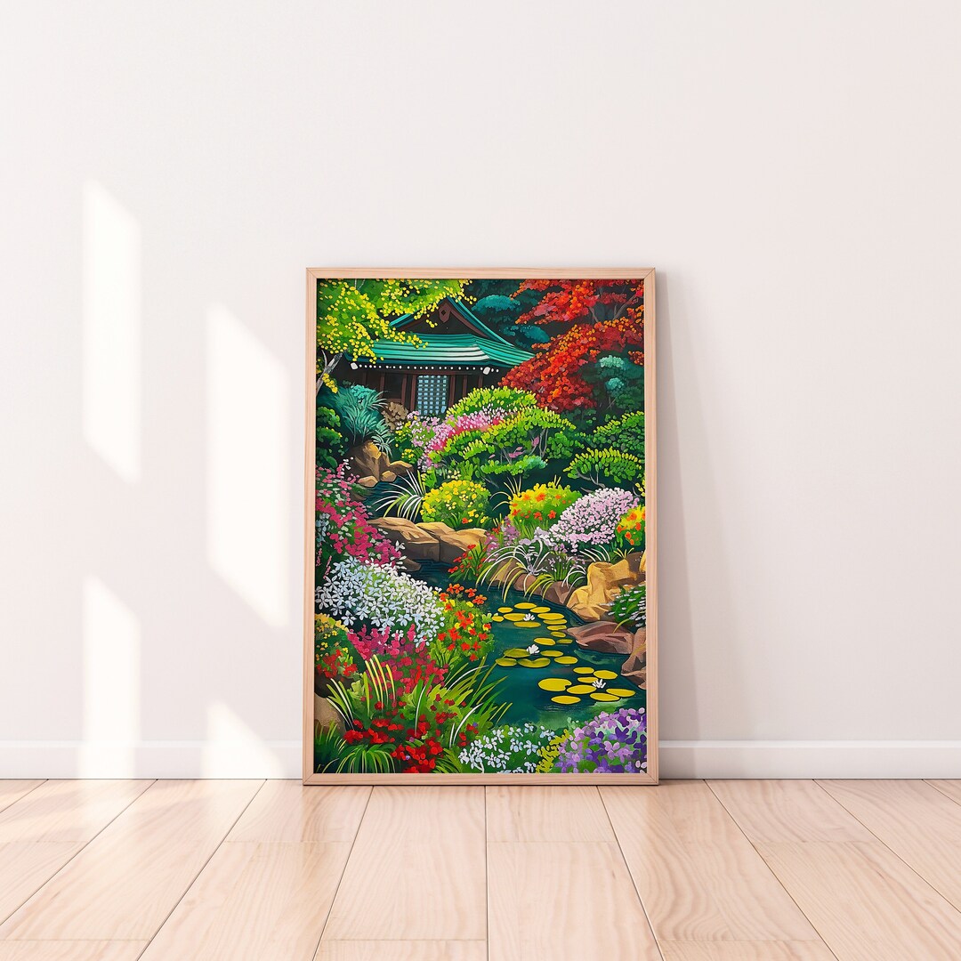Spring in Japanese Garden, Illustration, Colorful Wall Art, Printable ...