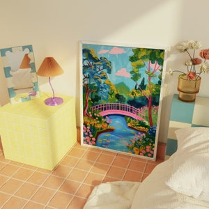 Pink Bridge in the Forest, Printable Wall Art, Colorful Wall Art ...