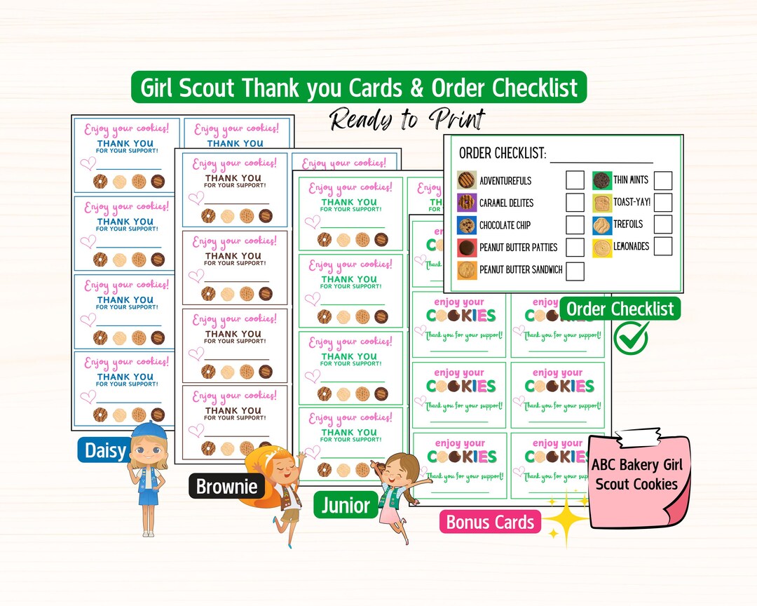 Girl Scout Cookie Thank You Card and Order Checklist, ABC Bakery ...