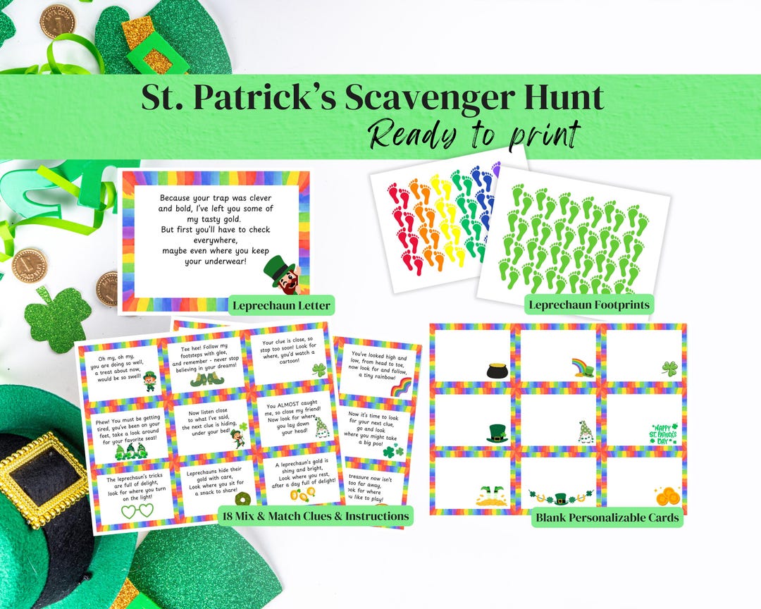 Printable St Patrick’s Day Scavenger Hunt Clues, Kids Indoor Treasure ...