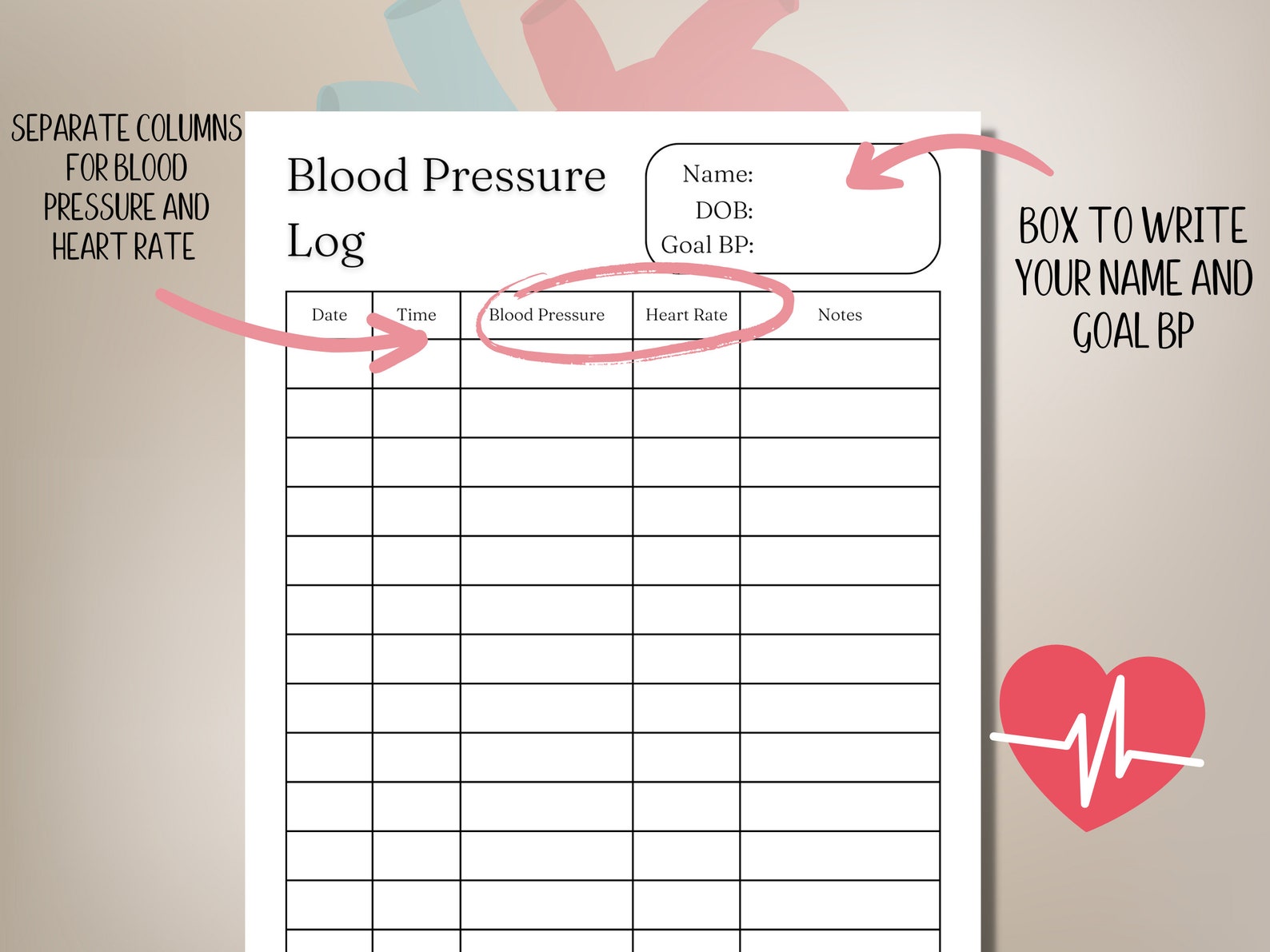Printable Blood Pressure Log, Blood Pressure Tracker, Heart Rate ...