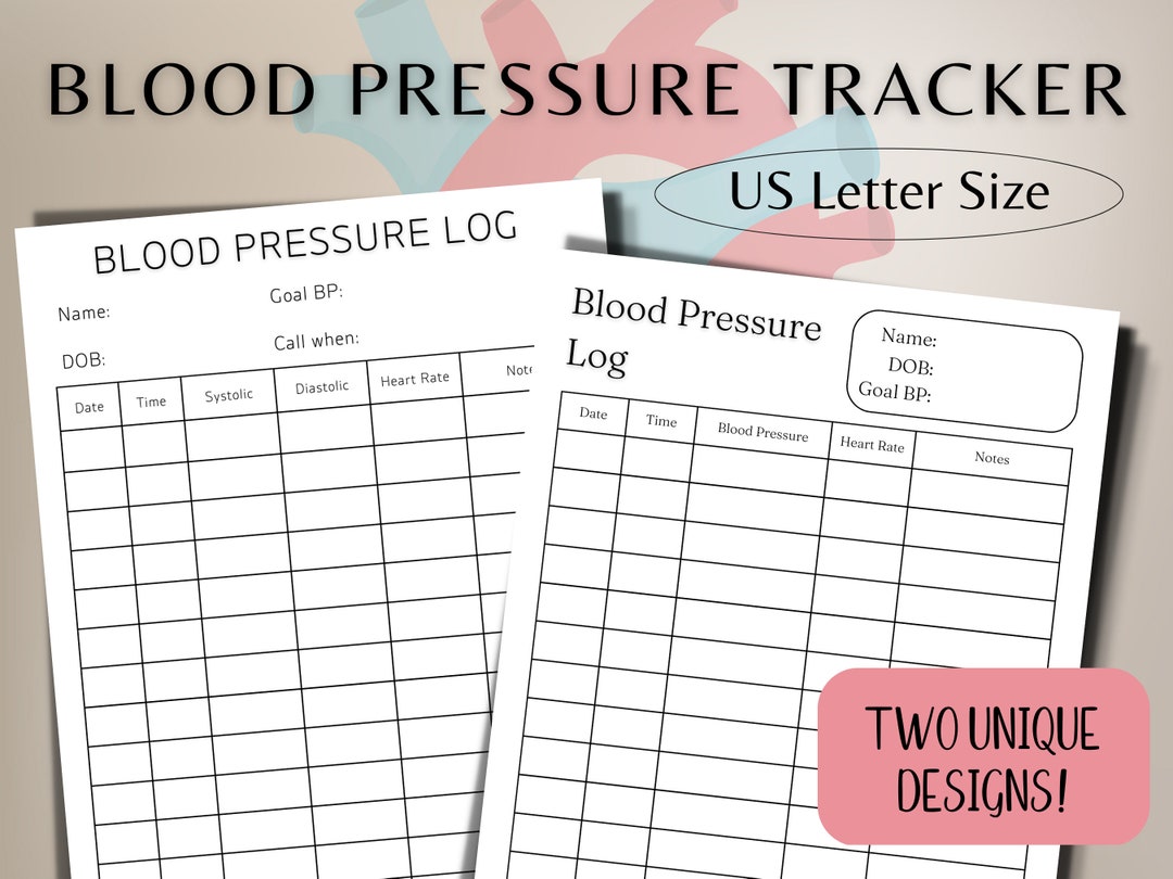 Printable Blood Pressure Log, Blood Pressure Tracker, Heart Rate ...