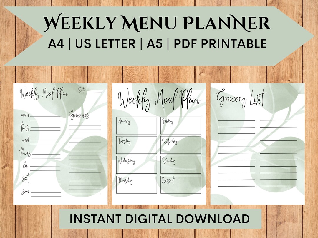 Weekly Menu Printable, Grocery List Printable, Weekly Meal Planner ...