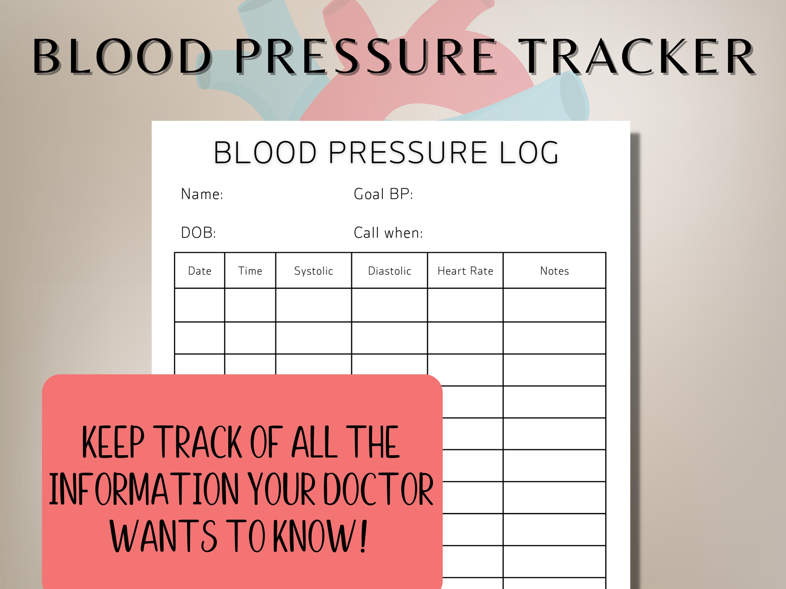 Printable Blood Pressure Log, Blood Pressure Tracker, Heart Rate ...