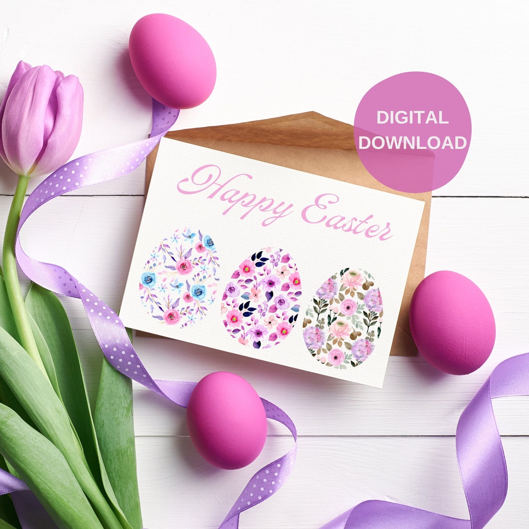 Set of 4 Printable Floral Easter Egg Greeting Cards, Happy Easter ...