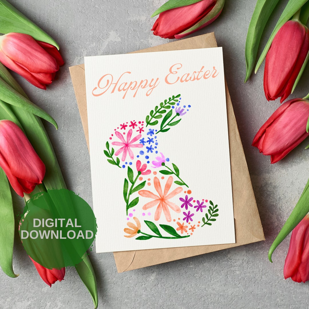 Set of 8 Printable Floral Easter Bunny Greeting Cards, Watercolor ...