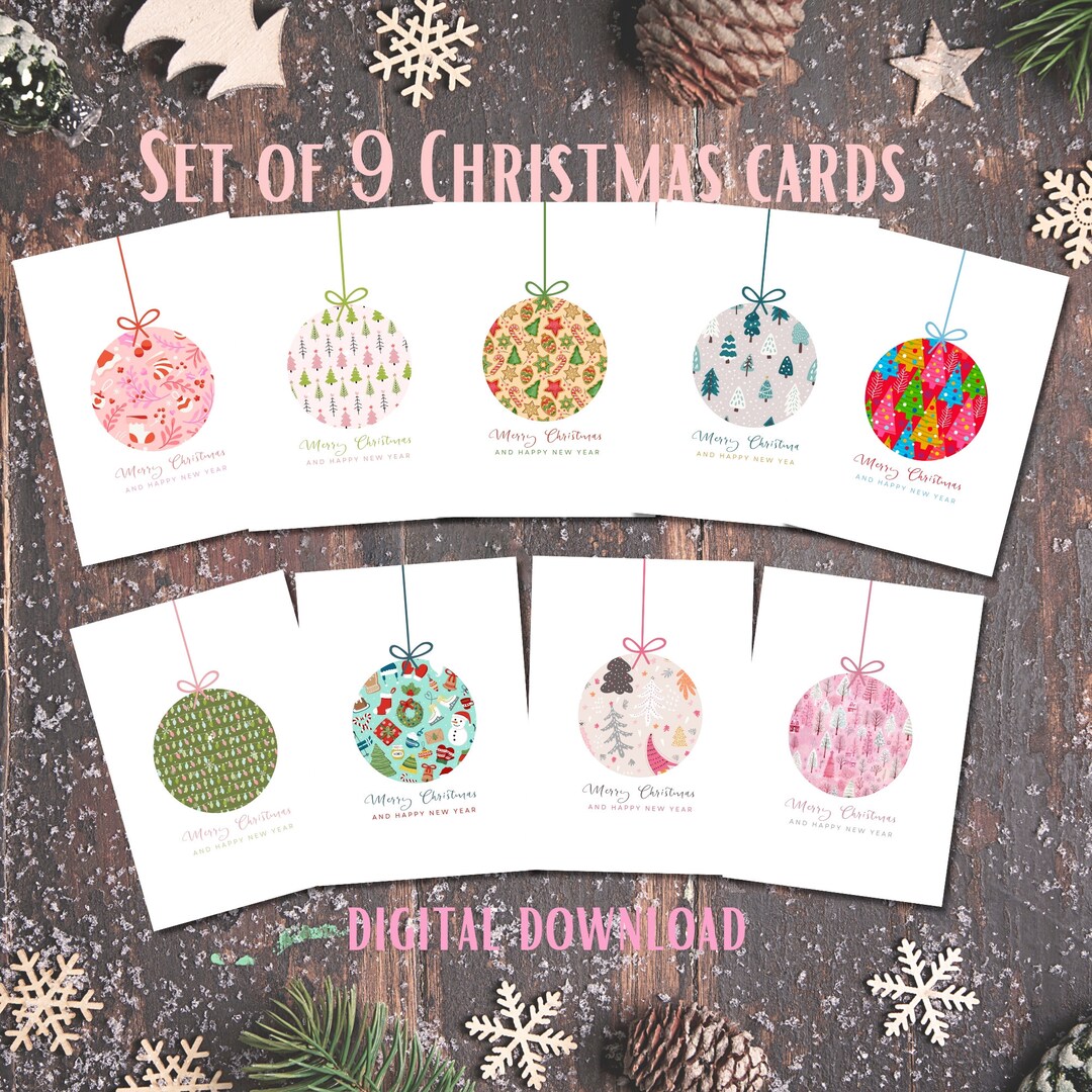 Set of 9 Printable Christmas Cards Bundle of Nine Xmas Greeting Cards ...