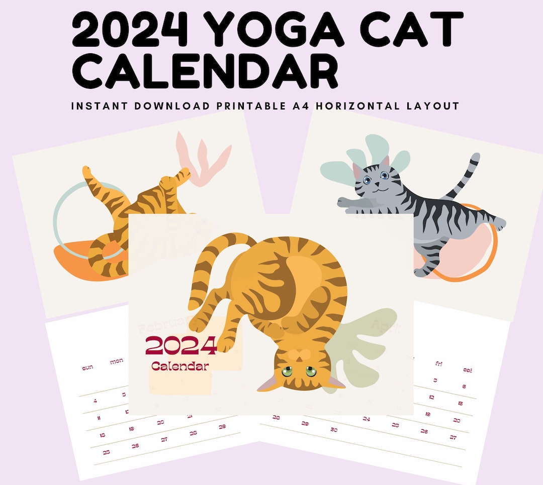 Happy Yoga Cat 2024 Calendar Printable PDF, Horizontal Layout, Sunday ...