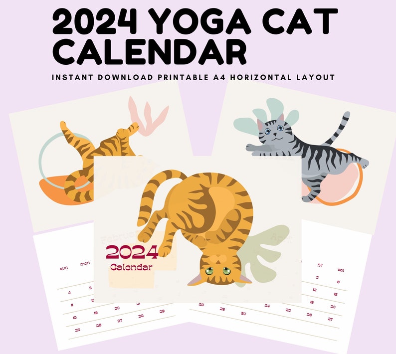 Happy Yoga Cat 2024 Calendar Printable PDF, Horizontal Layout, Sunday ...