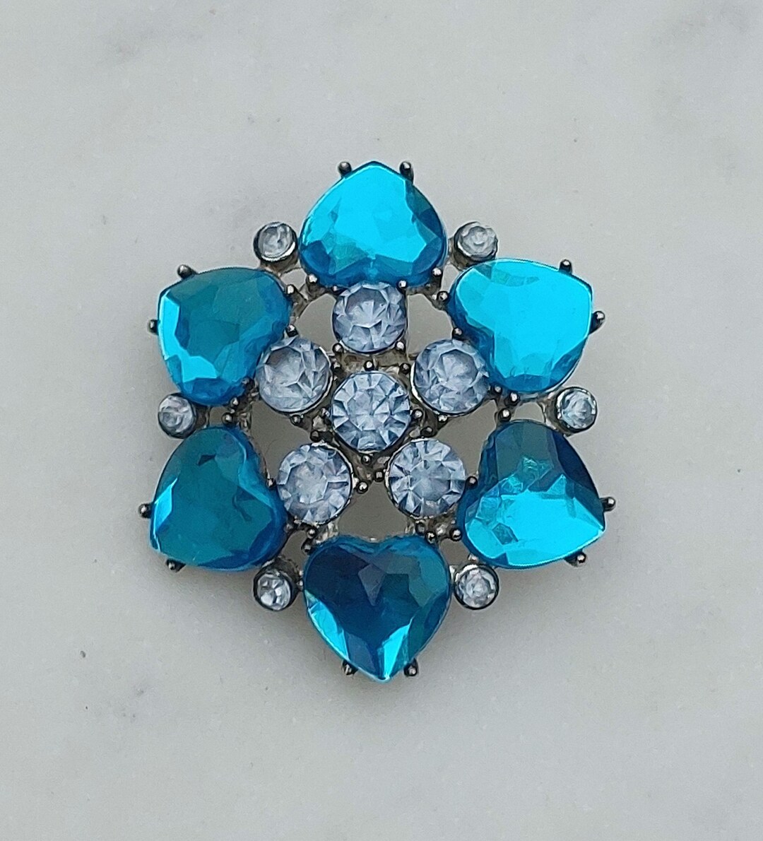 Vintage Bright Blue and Gray Glass Brooch in Silver Tone Setting, MCM ...