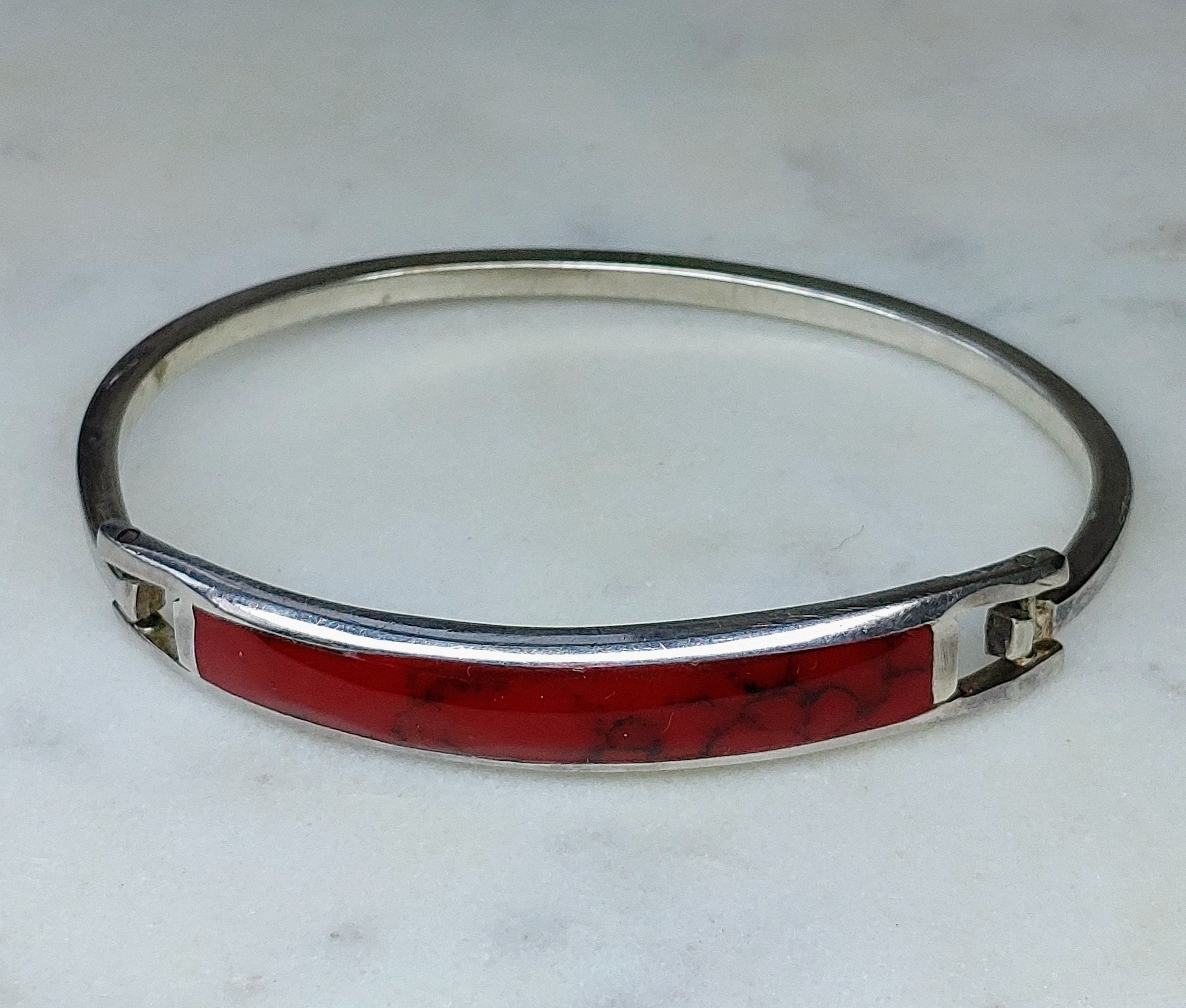 Vintage Alpaca Mexico Bracelet With Red Stone Inlay, Hinged Silver ...