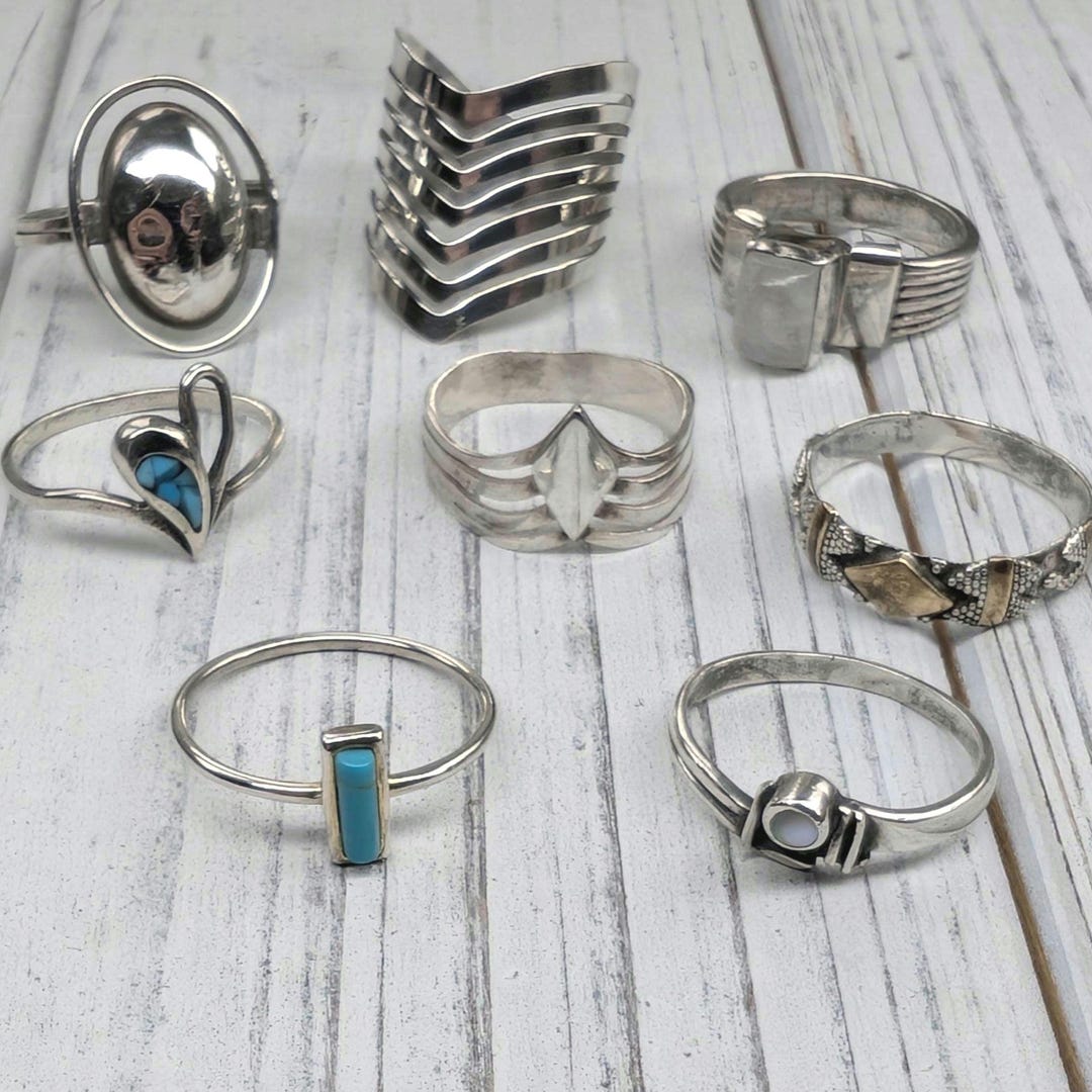Vintage Sterling Rings, Mexico Silver Rings, Turquoise Inlay, Each Sold ...