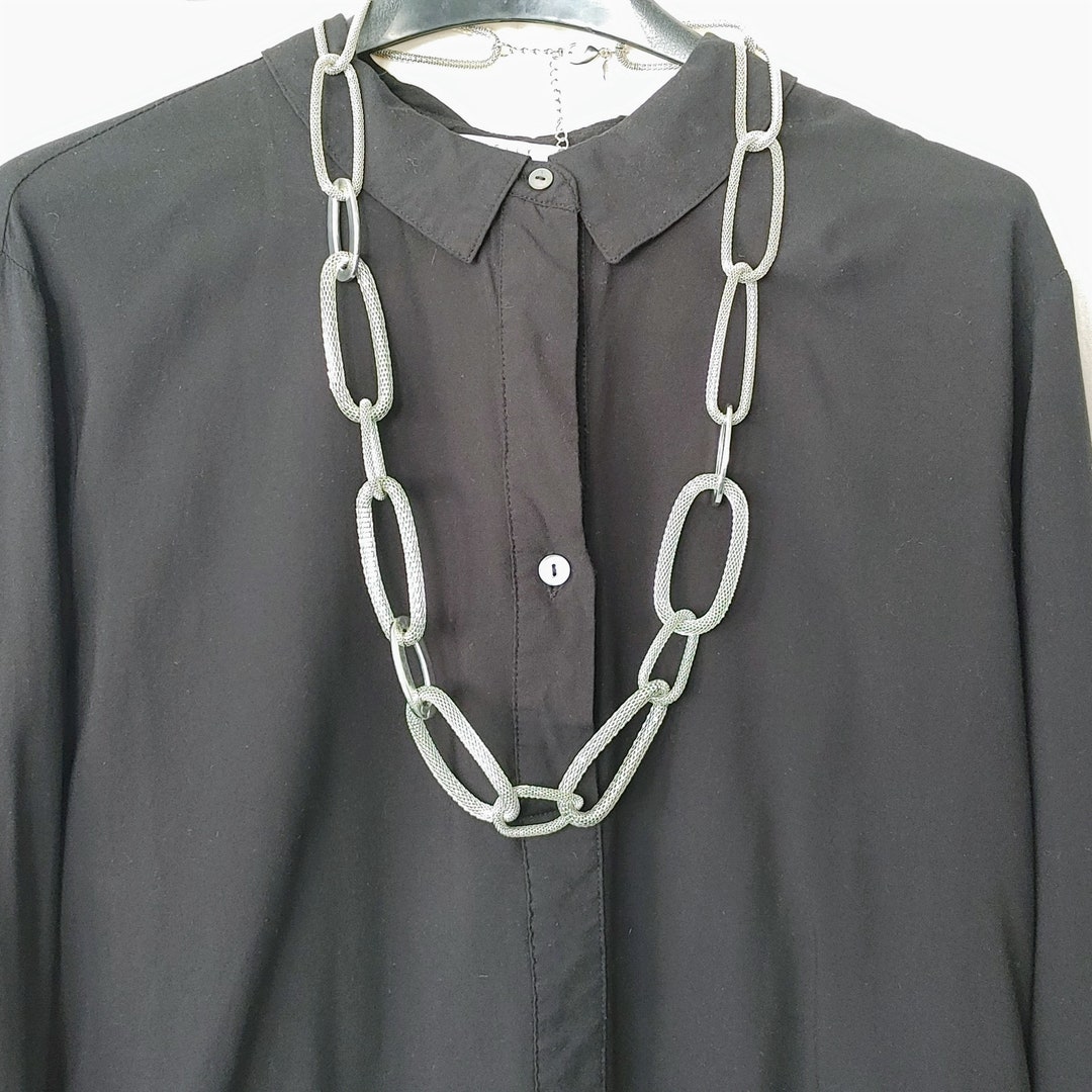 Vintage CHICO'S Long Necklace, 80's Silver Mesh Chain Large Links Long ...