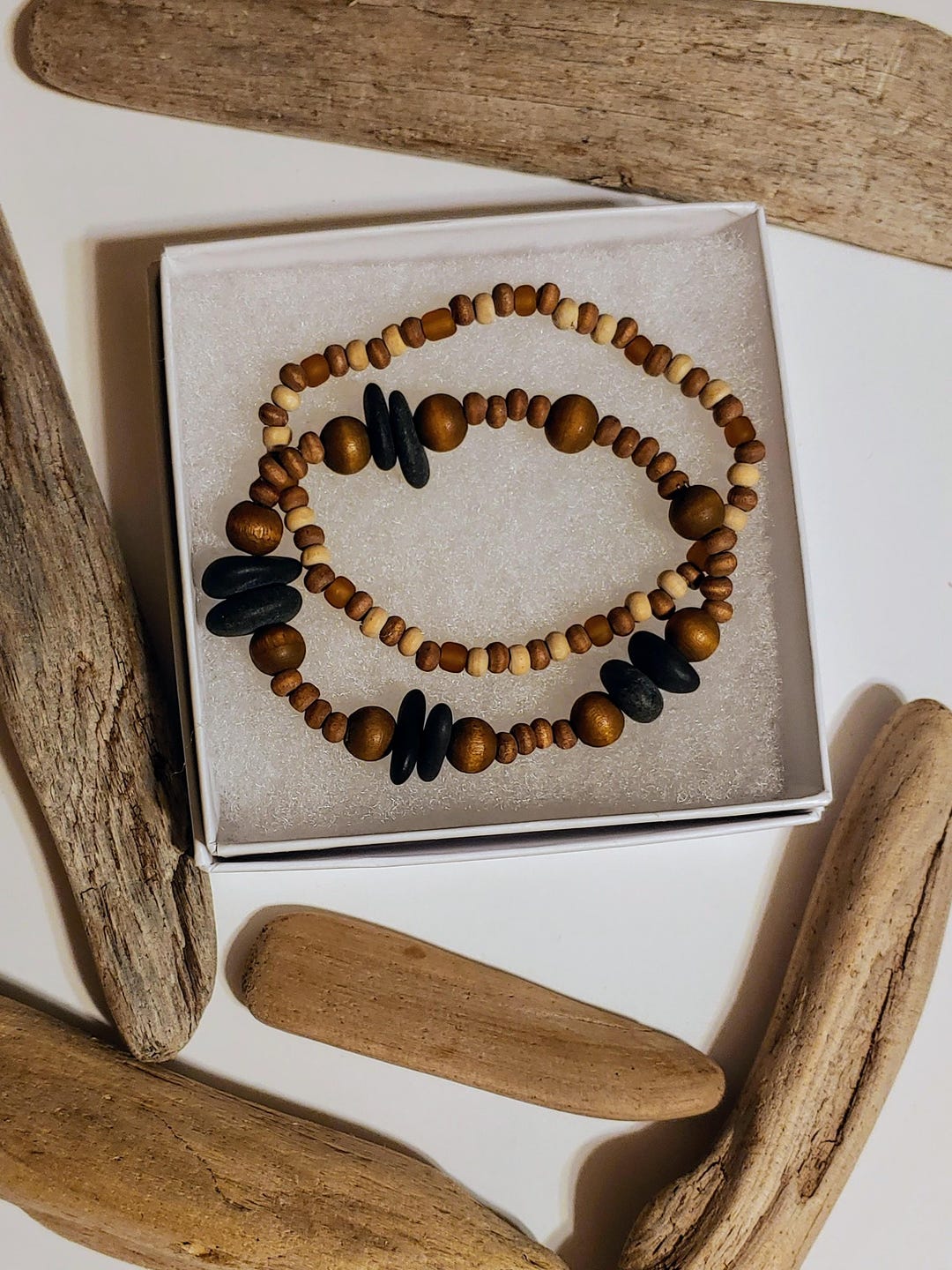 Calm Waters Nature Inspired Wood and Stone Beaded Boho Stretch Bracelet ...