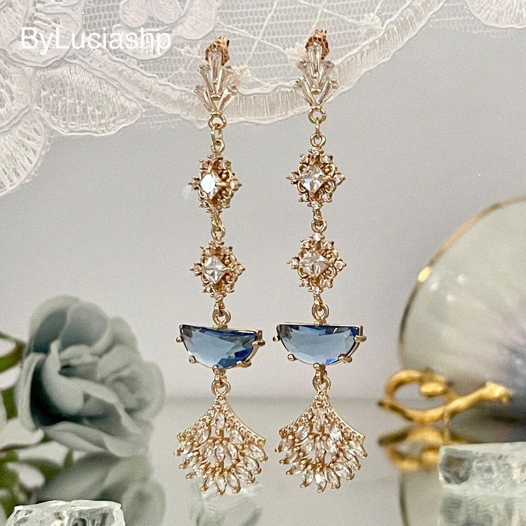Blue Bridal Fan Earrings, Boho Wedding Crystal Fan Earrings, Art Deco ...