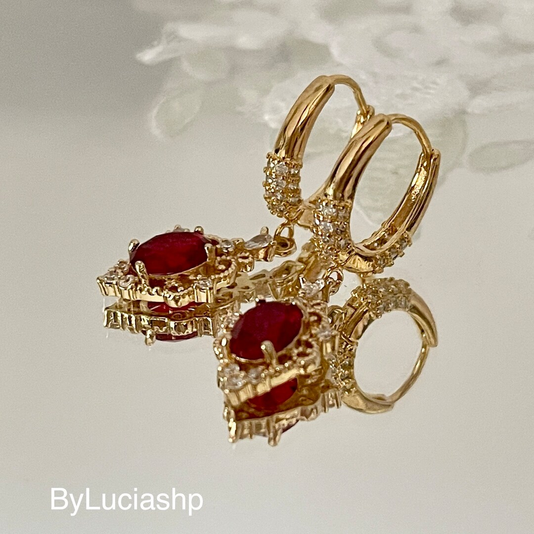 Ruby Art Deco Earrings, Red Vintage Style Earrings, Gold Plated ...