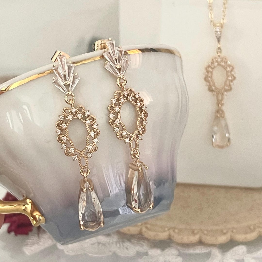 Regency Style Jewelry Set, Art Deco Bridal Earrings and Necklace, Gold ...