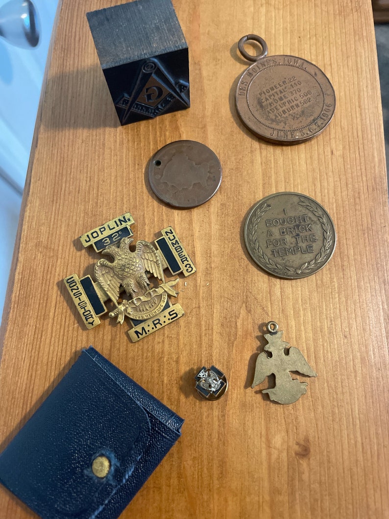 Vintage Masonic Lot-stamp Block, Ribbon Medals, Delegate Badge, Coins ...