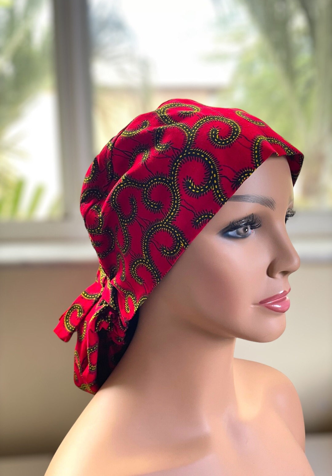 Red Swirl Ponytail Cap, Red Scrub Cap for Women, Satin Lined Cap ...