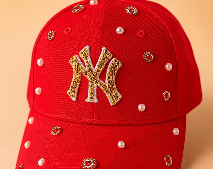 New York NY Red Gold Metallic Bling Hat Hand Jeweled SWAROVSKI Crystal ...